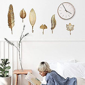 ORYOUGO Set of 7 Decorative Leaves Iron Hooks Extra Large Plant Modern Key Holder Wall Mounted Gold Single Prong Coat Hanger for Hallways, Living Room