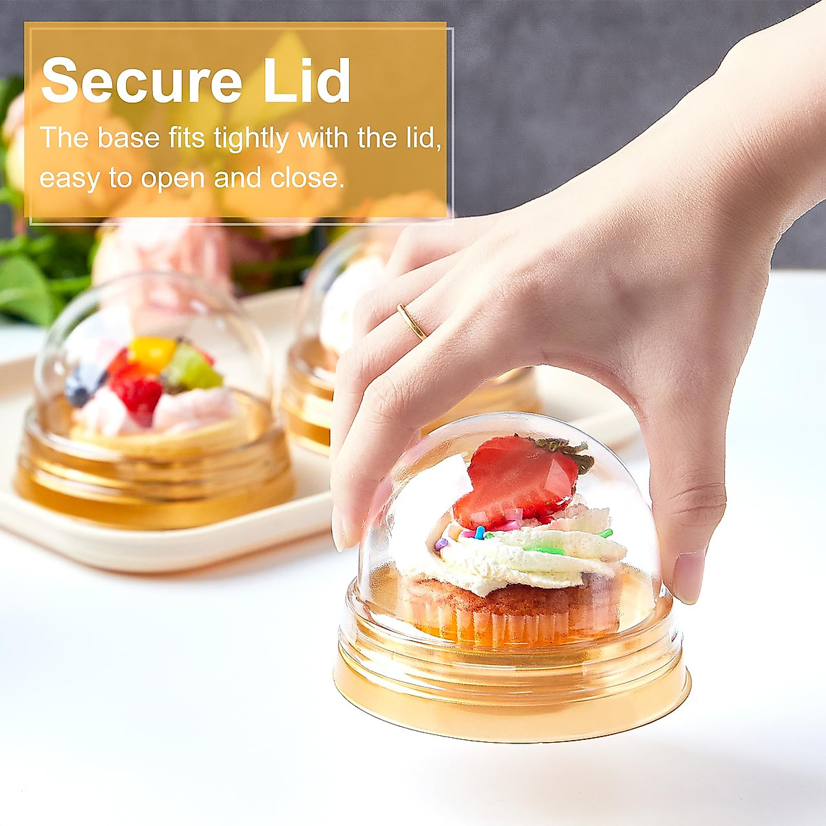Zezzxu 3 Inch Charcuterie Domes with Lids, 50 Pack Clear Plastic Bundt Cake Containers Hot Cocoa Bombs Boxes Individual Cups for Packaging Desserts Strawberries (Gold Base)