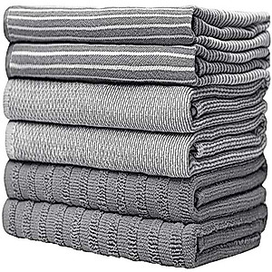 Premium Kitchen Towels (20”x 28”, 6 Pack) | Large Cotton Kitchen Hand Towels | Dish Towels | Flat & Terry Towel | Kitchen Towels | Highly Absorbent Tea Towels Set with Hanging Loop | Gray