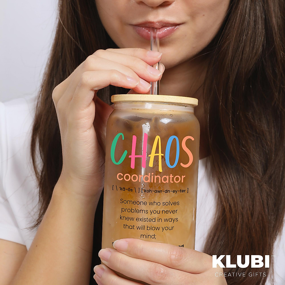 KLUBI Chaos Coordinator Glass Cup With Straw 16oz Chaos Coordinator Gifts for Women Christmas Gifts Officiant Gifts for Wedding Day Promotion Gifts for Women Nurse Gifts Bosses Day Gifts for Her