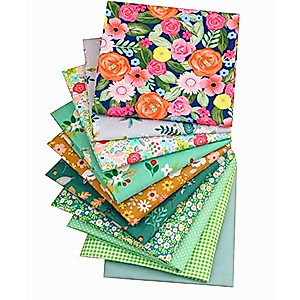100% Cotton Quilting Fabric Bundles 10 pcs Fat Quarters, Squares Sheets for Patchwork, Sewing, Quilting, Crafting 19.6’’x15.7’’ (50cmx40cm), Green Floral