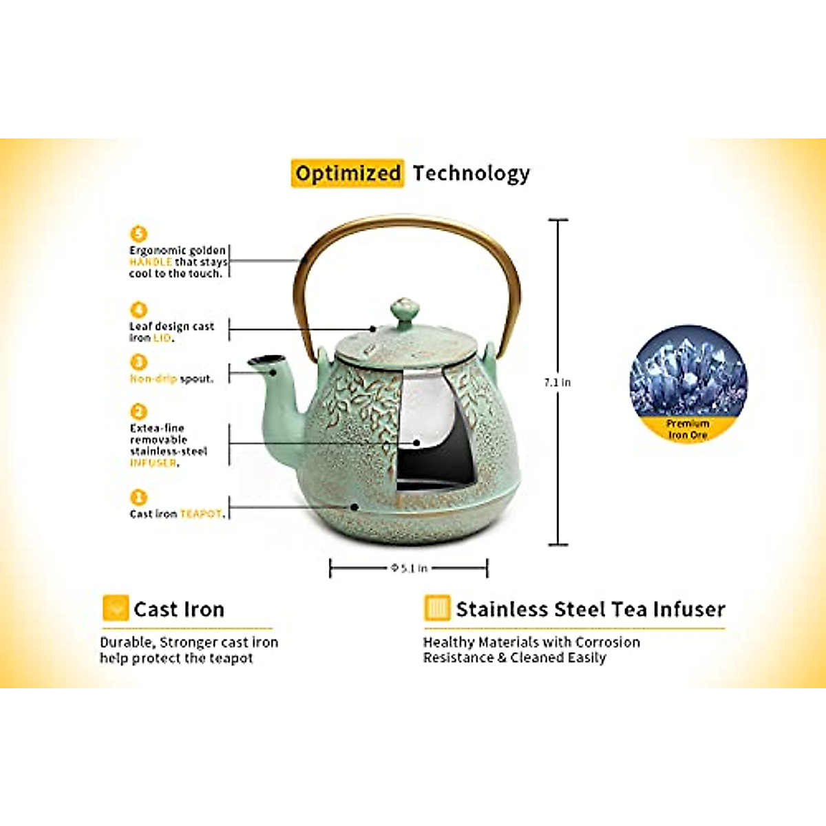 Tea Kettle, TOPTIER Japanese Cast Iron Teapot with Stainless Steel Infuser, Cast Iron Tea Kettle Stovetop Safe, Leaf Design Teapot Coated with Enameled Interior for 32 Ounce (950 ml), Light Green