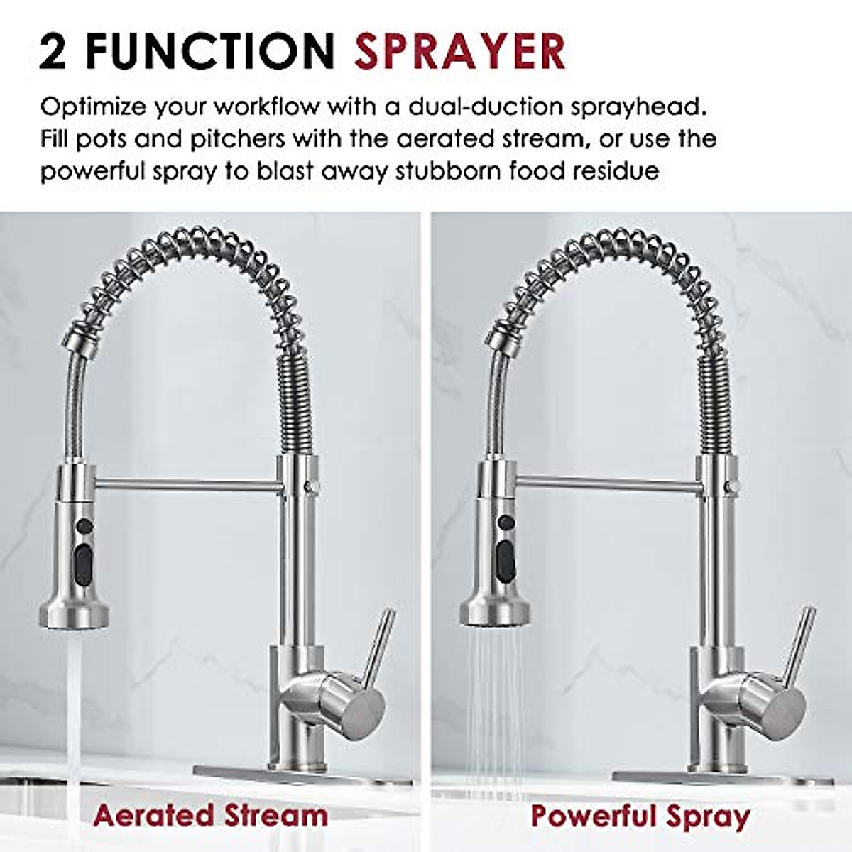 RODDEX Kitchen Faucet Stainless Steel Solid Brass Single Handle Single Hole Sink Faucets with Pause Button, 3 Hole Cover Deck Plate Pull Out Pullout Sprayer, Silver & Brushed Nickel …