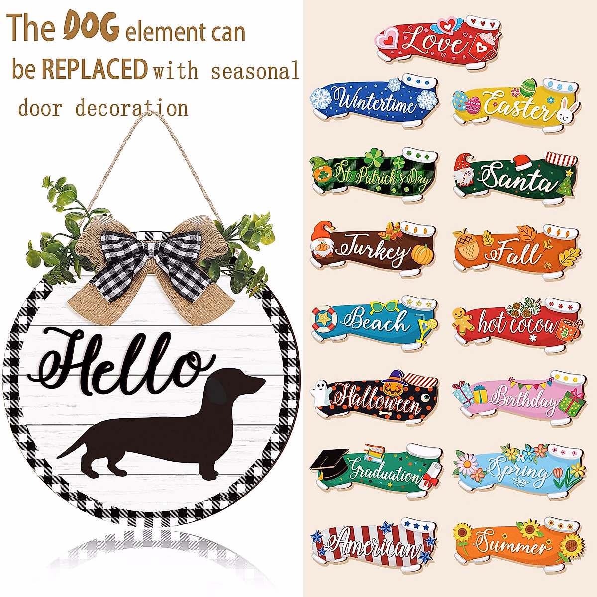 Glenmal 16 Pcs Seasonal Interchangeable Dachshund Door Decor Cute Replaceable Easter Welcome Sign Seasonal Farmhouse Front Door Signs Wood Home Sign(White with Plaid Frame)
