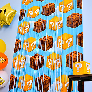 Bupelo Super Bros Birthday Party Supplies, 2 Pack Question & Brick Tinsel Foil Fringe Curtains, Super Game Themed Photo Booth Prop Party Backdrop, Super Bros Party Decorations Room Decor for Kids