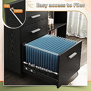 DEVAISE 3-Drawer Wood File Cabinet, Mobile Lateral Filing Cabinet, Printer Stand with Open Storage Shelves for Home Office, Black