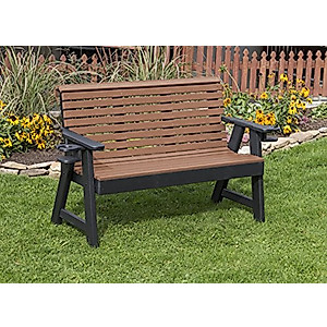 Ecommersify Inc 5FT-Cedar-Poly Lumber ROLL Back Porch Bench with Cupholder arms Heavy Duty Everlasting PolyTuf HDPE - Made in USA - Amish Crafted