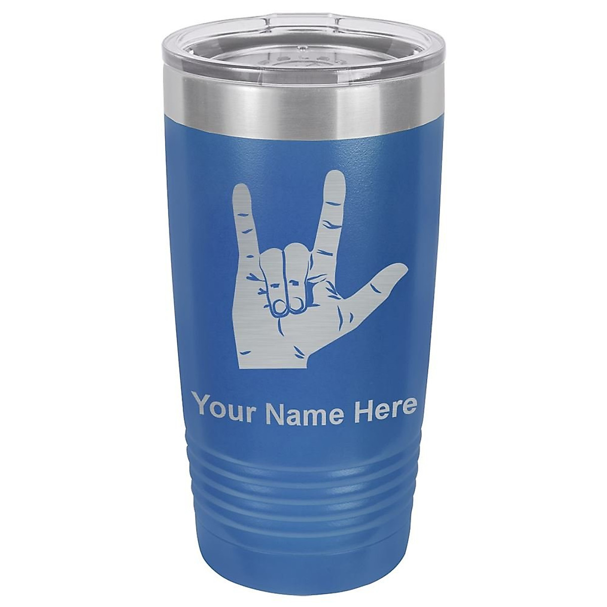 LaserGram 20oz Vacuum Insulated Tumbler Mug, Sign Language I Love You, Personalized Engraving Included (Dark Blue)