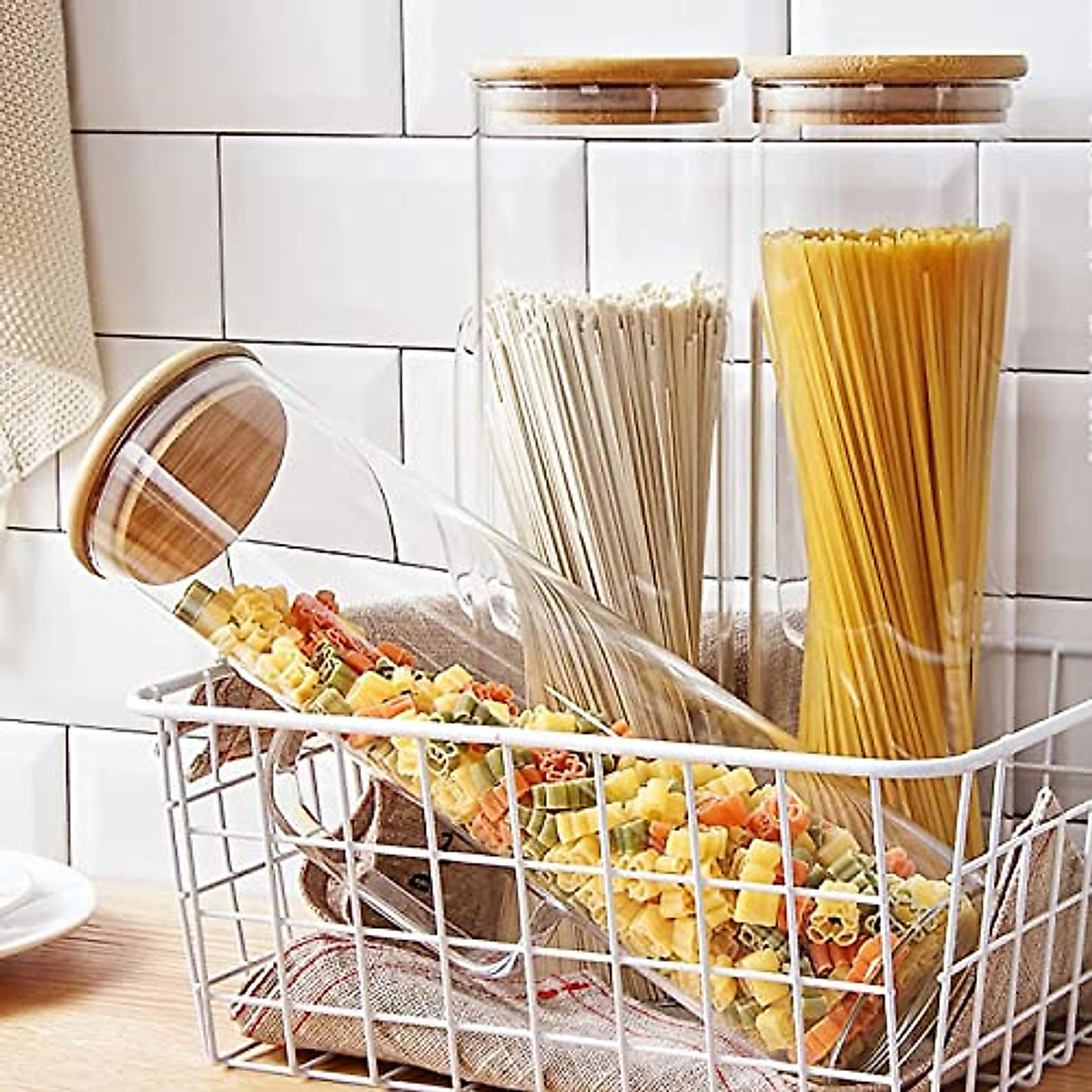 Yiozoi Bamboo Covered Noodle Storage with Handle, High Borosilicate Glass Sealed Kitchen Pasta Food Container