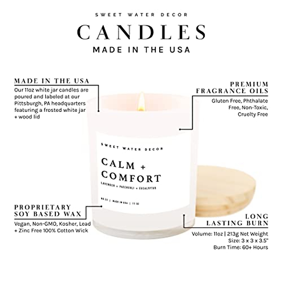 Sweet Water Decor Candles | Spa Scented Soy Wax Candle for Home | 11oz Jar Candle with Wood Lid, 50+ Hour Burn Time, Made in the USA (Calm + Comfort, White - 11 oz)
