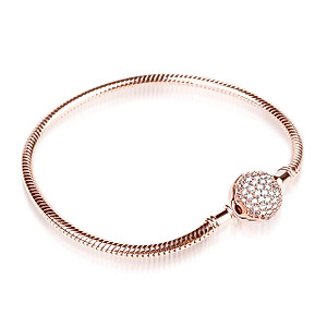 GNOCE Charm Bracelet Sterling Silver Rose Gold Plated DIY Snake Chain Endearing Gifts For Her Basic Charm Bracelet Dainty Bangle with Crystal Round Shape Clasp (2Rose Gold, 7.5)