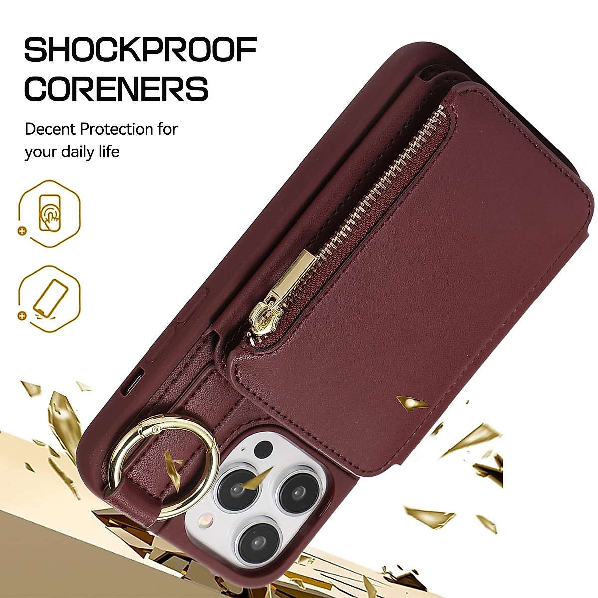 Furiet Wallet Case for iPhone 11 Pro 5.8 with Wrist Shoulder Strap Card Holder Ring StFlip PU Leather 6+ Slots Zipper RFID Blocking Phone Cover for iPhone11pro iPhone11 i XI 11s 11pro Wine Red