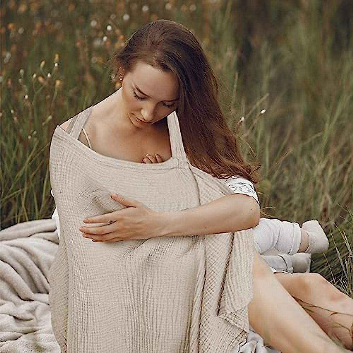 HealthSTEC Baby Nursing Cover - 360° Full Privacy Breathable Cotton Built-in Burp Cloth & Pocket - Versatile Cover for Breastfeeding Car Seat Shopping Cart Stroller (Khaki)