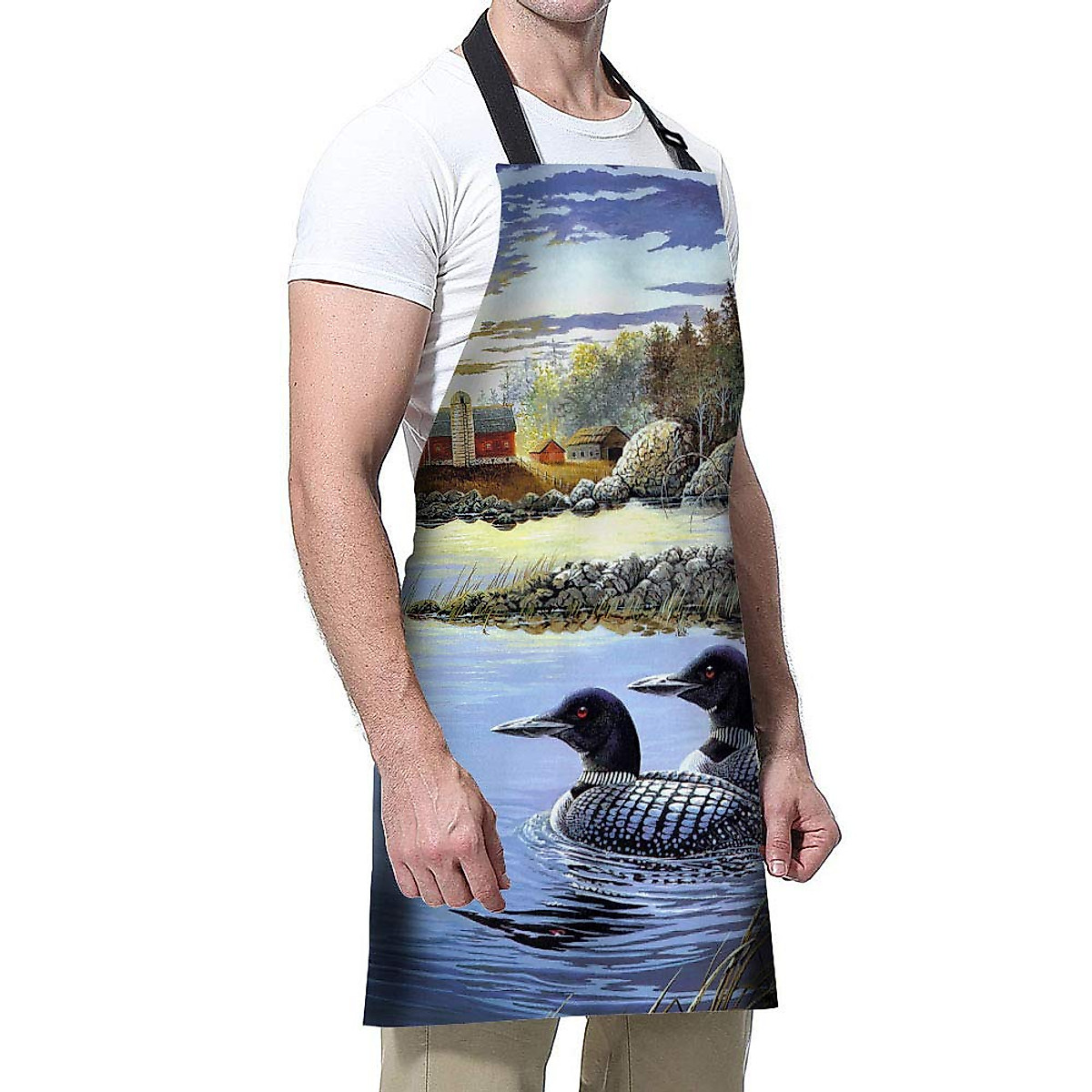 SSOIU Duck Cooking Apron, Art Desgin Loon Lake Wild Duck Couple Kitchen Apron For Baking/BBQ Men Women Unisex Waterproof 31X27 Inches