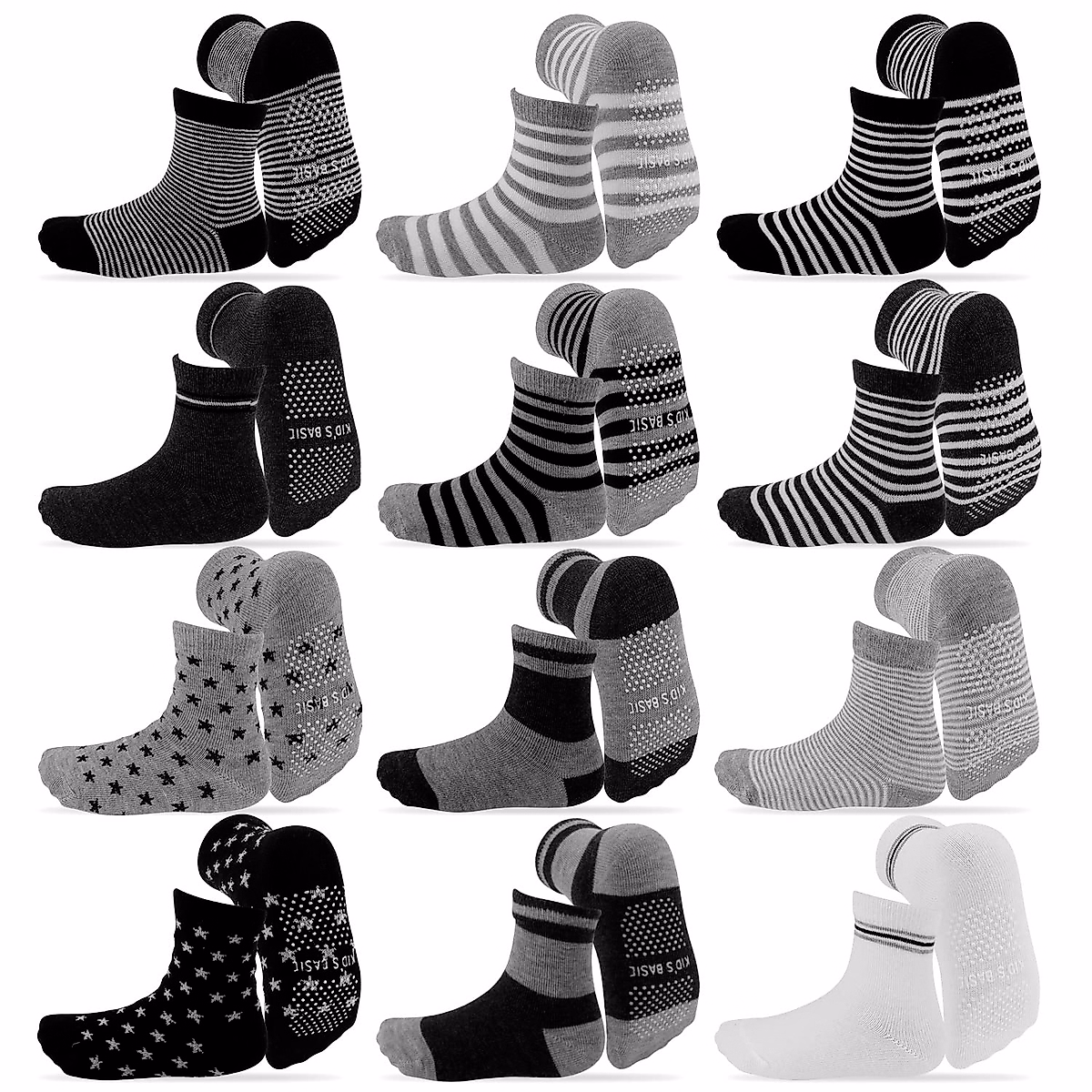 Baby Boy Socks, 12 Pairs Non Slip Toddler Socks Cotton Grip Socks Toddler Socks with Grippers for Baby Boy Infant