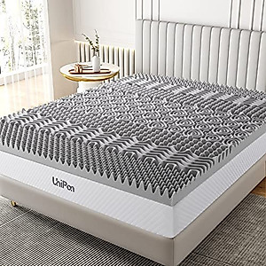 UniPon 3 Inch Egg Crate Memory Foam Mattress Topper, Charcoal Infused Mattress Topper, 7 Zones Foam Bed Topper, CertiPUR-US Certified (Queen)