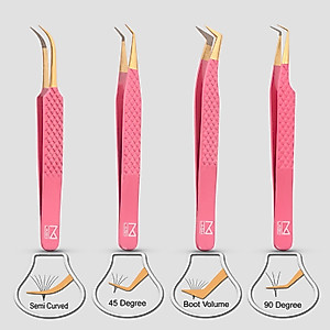 M LASH Tweezers for Eyelash Extensions (Set of 4) - Professional Lash Extension Tweezers - Fiber Tip, Japanese Steel, Diamond Grip Eyelash Extension Tweezer (Pink)