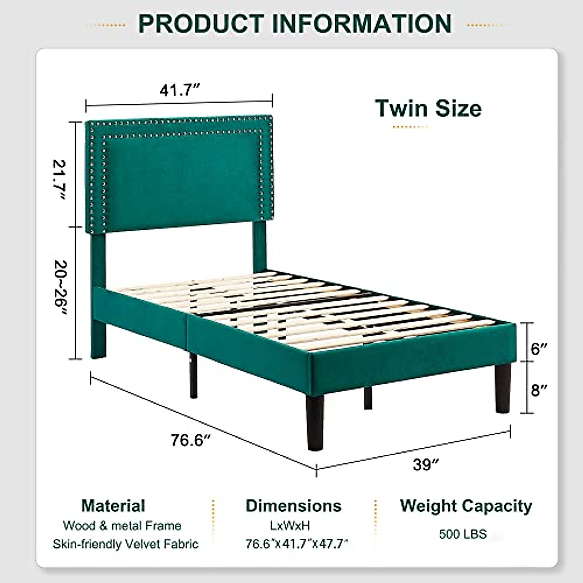 VECELO Twin Size Platform Bed Frame with Height Adjustable Upholstered Headboard, Modern Mattress Foundation,Strong Wood Slat Support, No Box Spring Needed, Easy Assembly
