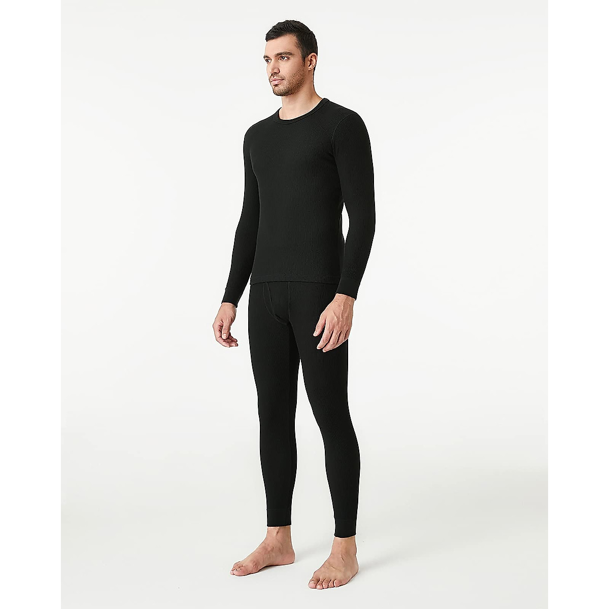 LAPASA Men's Cotton Waffle Thermal Underwear Set Top Long Sleeve Warm Long Johns Base Layer Shirt & Bottom Cold Weather Midweight M60 Medium Black