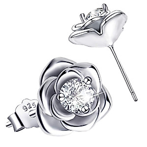Rose Flower Stud Earrings for Sterling Silver with Gold Plated Hypoallergenic Jewelry Cubic Zirconia Studs Earring, Birthday Gifts for Women(White)