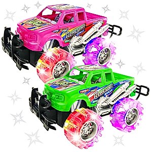 ArtCreativity Pink and Green Light Up Monster Truck Set for Boys and Girls, Set Includes 2, 6 Inch Monster Trucks with Beautiful Flashing LED Tires, Push n Go Toy Cars, Best Gift for Kids, for Ages 3+