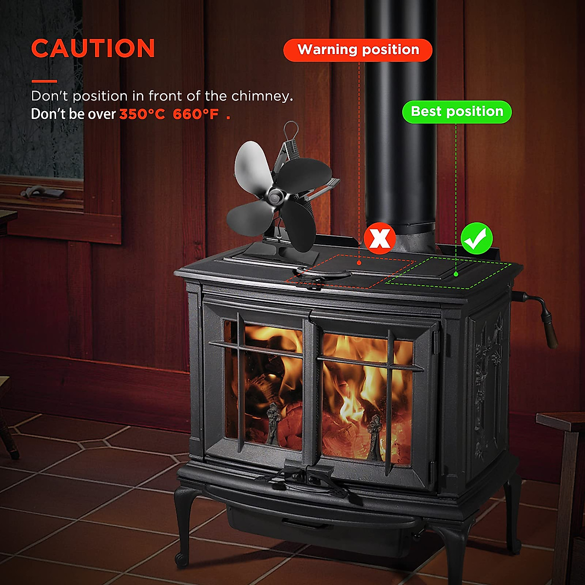 4-Blade Heat Powered Stove Fan, Fireplace Fan with Designed Silent Operation Circulating Warm Air Saving Fuel Efficiently for Home/Wood/Log Burner/Fireplace