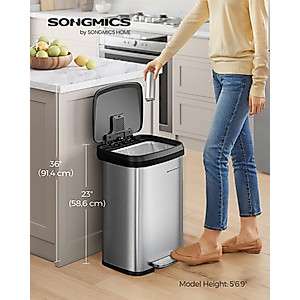 SONGMICS Kitchen Trash Can, 13-Gallon Stainless Steel Garbage Can, with Stay-Open Lid and Step-on Pedal, Soft Closure, Tall, Large and Space-Saving, Silver and Black ULTB530E50