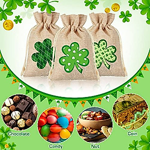 32 Pieces St Patricks Day Bags, St. Patricks Drawstring Bag, Shamrock Burlap Bags, St Patricks Day Goodie Bag Clovers Burlap Gift Bags Linen Treat Bags for Kids Irish Party Favors Supply