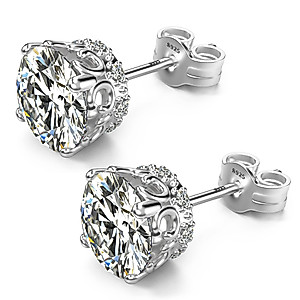 UNFAAR 18K White Gold Plated Sterling Silver Brilliant Round Cut Cubic Zirconia Stud Earrings Simulated Diamond Stud Earrings for Women Men Hypoallergenic (White Gold)