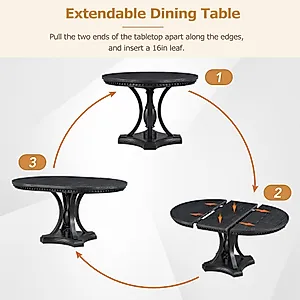 POCIYIHOME 5-Piece Set, Wood Two-Size Round to Oval Extendable Butterfly Leaf, 4 Upholstered Dining Armrest, Table/Chairs for 4 (Black Oak), 42~58" L x 42''W x 30''H