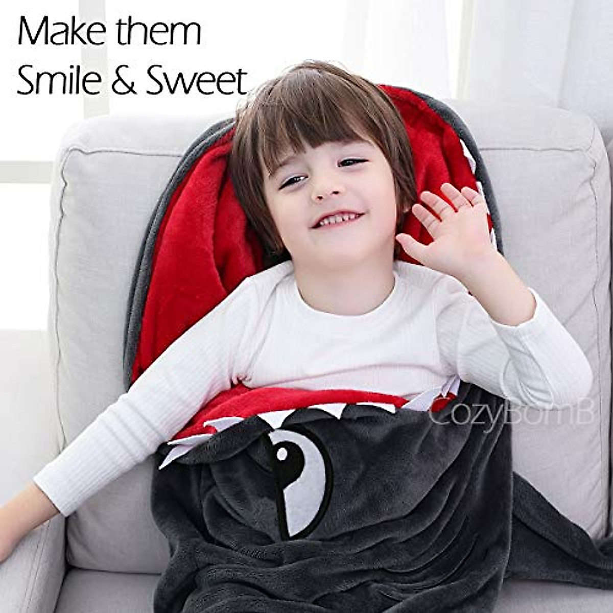 CozyBomB Shark Tails Animal Blanket for Kids - Cozy Smooth One Piece Design - Durable Seamless Plush Throw Enlarged Size Gray Sleeping Bag with Blankie Fun Fin - Boys and Girls