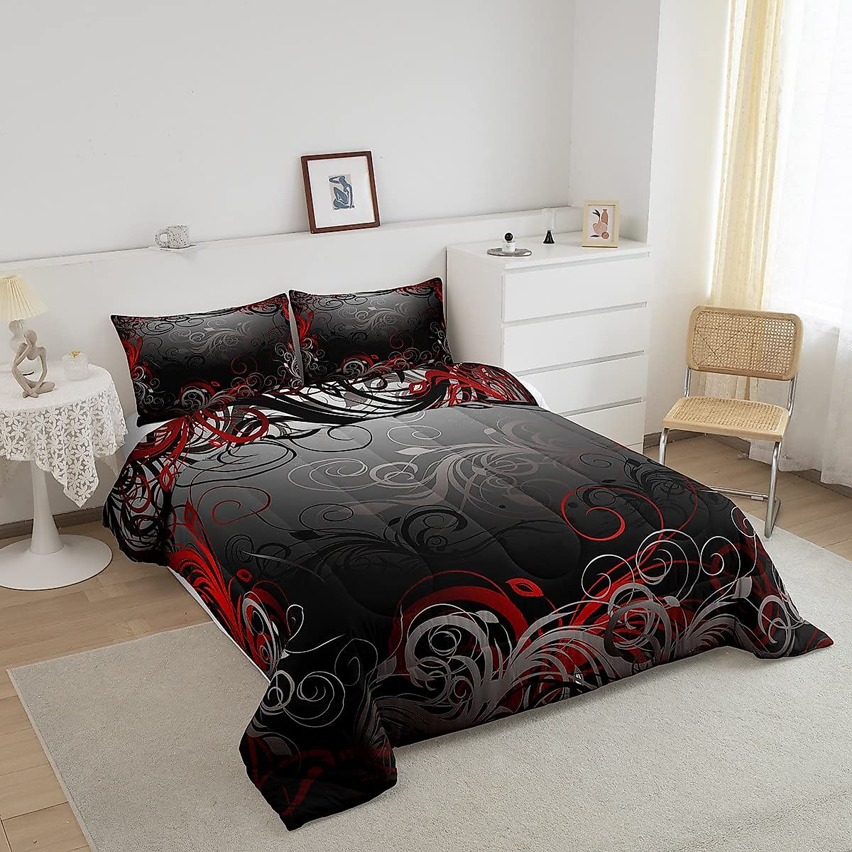 Homewish Gray Floral Swirls Comforter Set Twin Size,Gothic Leaf Bedding Set 2pcs for Kids Teens Adult Room Decor, Abstract Mystic Trippy Quilt Set Black Red Duvet Insert with 1 Pillowcase