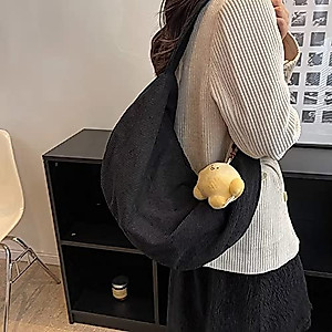 Mudono Hobo Bag for Girls Corduroy Shoulder Bag Large Capacity Crossbody Purse Lightweight Crescent Satchel with Cute Pendant