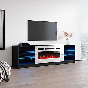 Boston WH01 Fireplace TV Stand for TVs up to 90", Modern High Gloss 79" Entertainment Center, Electric Fireplace TV Media Console with Storage Cabinets and LED Lights