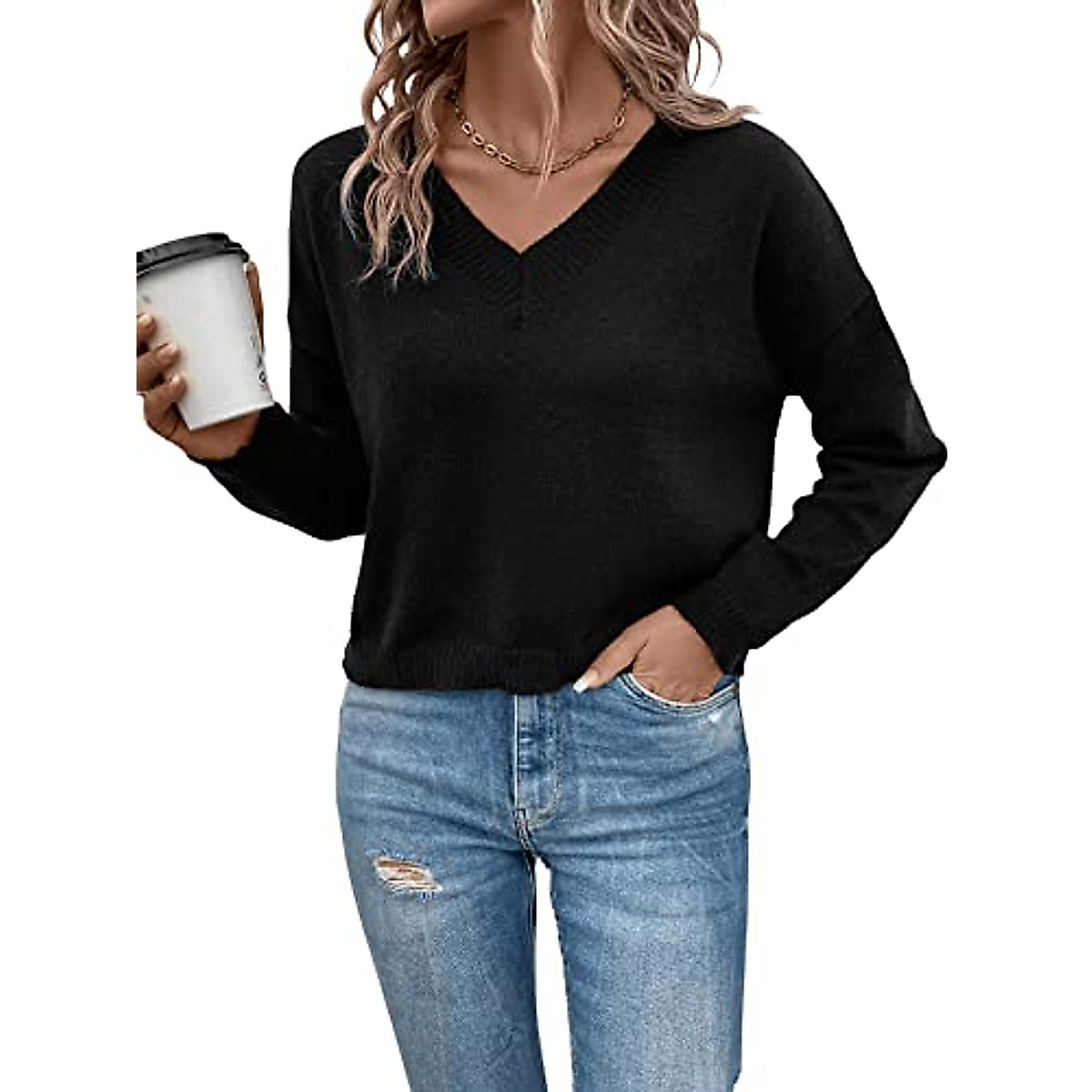 SweatyRocks Women's Casual V Neck Drop Shoulder Pullover Sweater Long Sleeve Knitted Top Black M