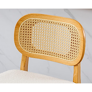 EALSON Counter Height Bar Stools Set of 2 Rattan Back Farmhouse Barstools Mid Century Modern Wood Bar Chairs Comfortable Sherpa Upholstered Kitchen Island Chairs for Pub/Breakfast Bar, Beige