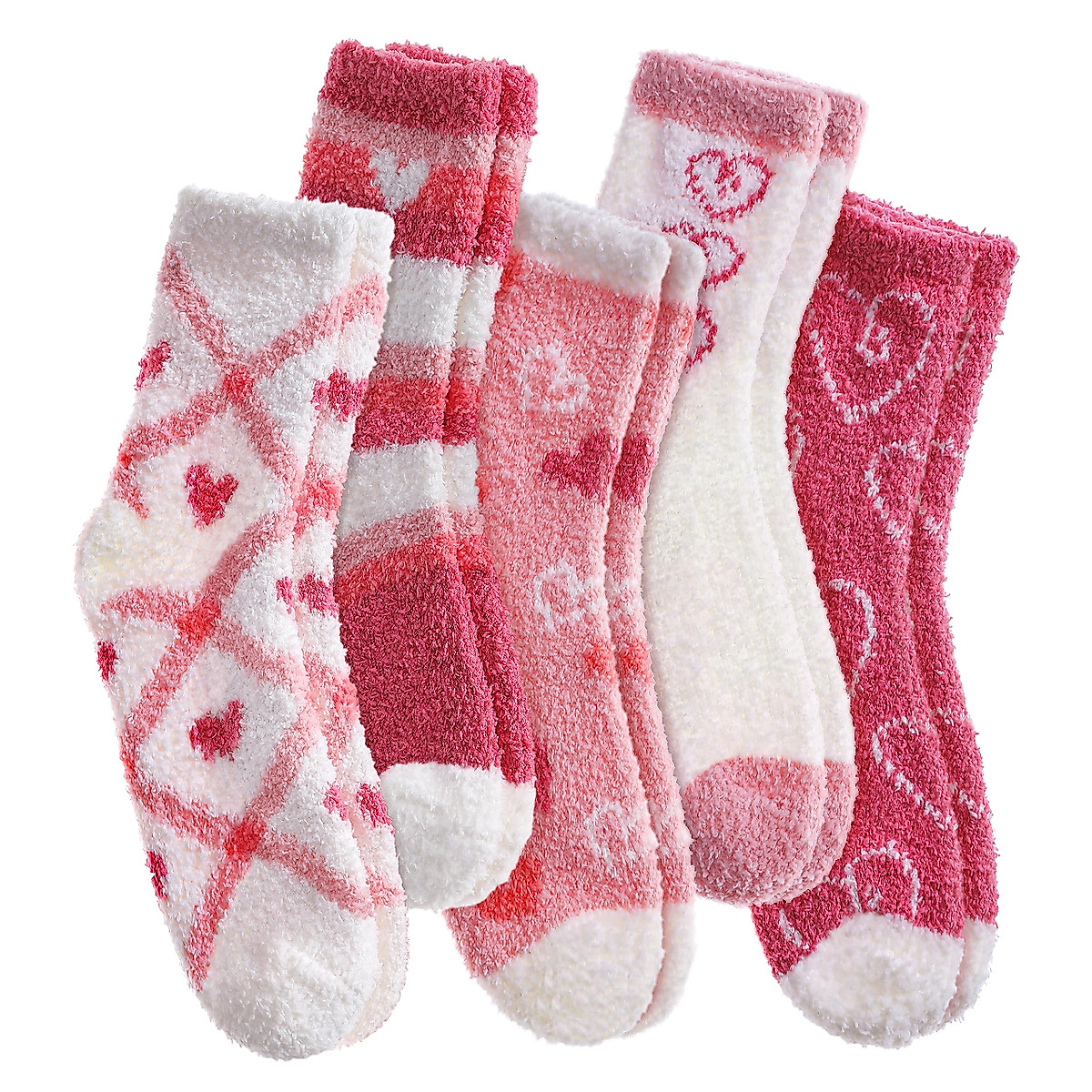 SDBING Fuzzy Socks for Women Soft Fluffy Home Sleeping Socks Cozy Warm Slipper Socks 6 or 5 Pairs (5 Pairs Pink Hearts)