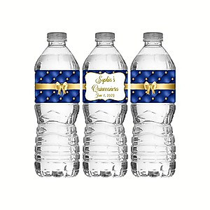Personalized Water Bottle Labels, Birthday Party Favors, Pack of 25 Peel and Stick Waterproof Wrappers (Royal Blue)