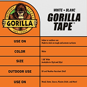 Gorilla Tape, White Duct Tape, 1.88" x 30 yd, White, (Pack of 6)