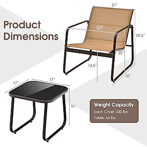 Tangkula 3 Pieces Patio Conversation Set, Outdoor Metal Chair & Table Set, Breathable Fabric & Tempered Glass Tabletop, Metal Frame Furniture Set for Backyard, Poolside