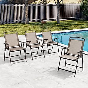 Crestlive Products Set of 4 Patio Folding Chairs 4-Pack Dining Chairs Outdoor Portable Sling with Armrest for Camping, Beach, Garden, Pool, Backyard, Deck (Beige)
