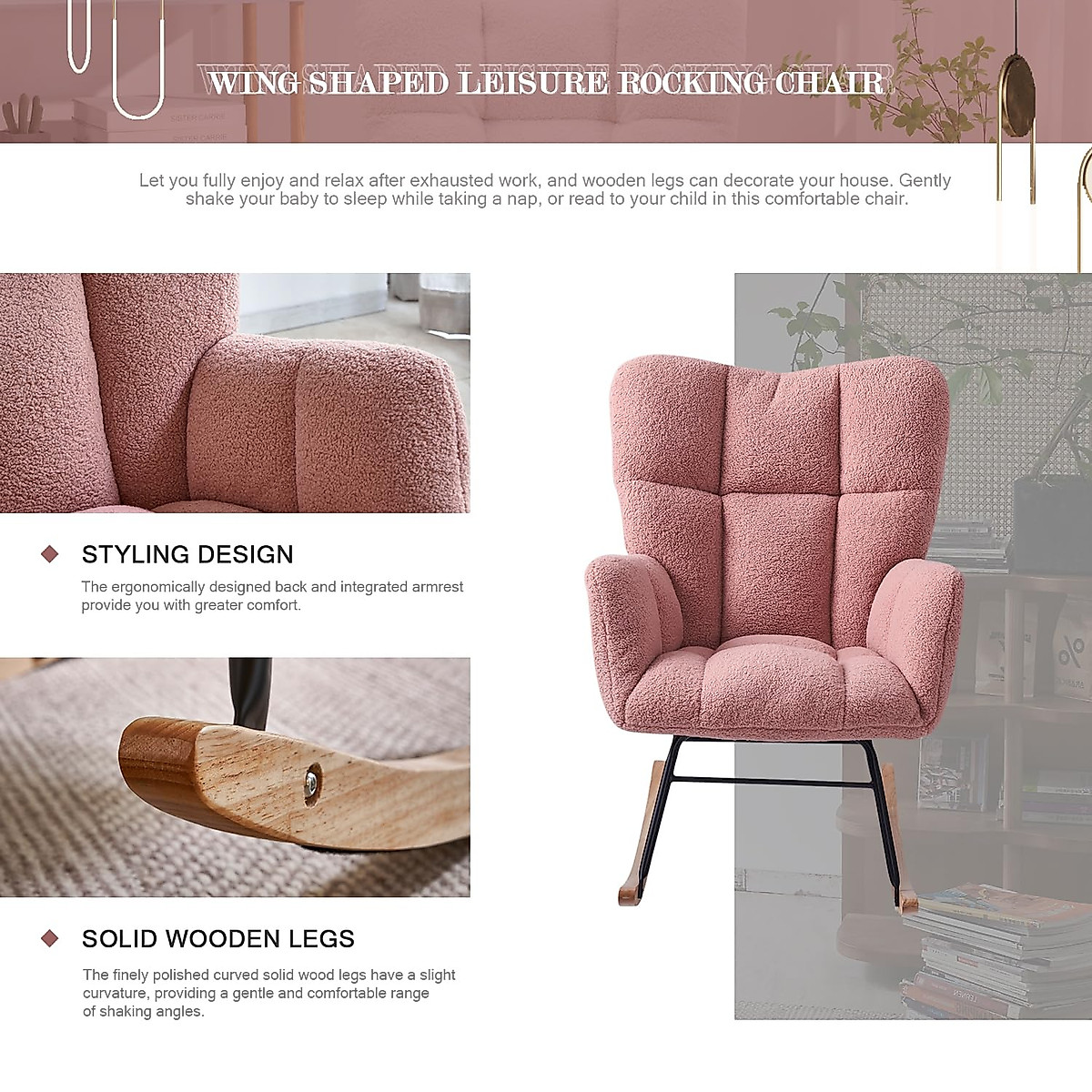 Ugijei Rocking Chair Nursery, Teddy Upholstered Glider Rocker with High Backrest, Modern Rocking Accent Chair for Nursery, Living Room, Bedroom (Pink)