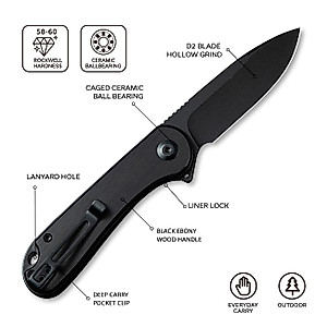 CIVIVI Folding Pocket Knife, 2.96" D2 Black Stonewashed Blade Black Ebony Wood Handle, Elementum Liner Lock Flipper Knife with Deep Carry Pocket Clip for EDC C907W