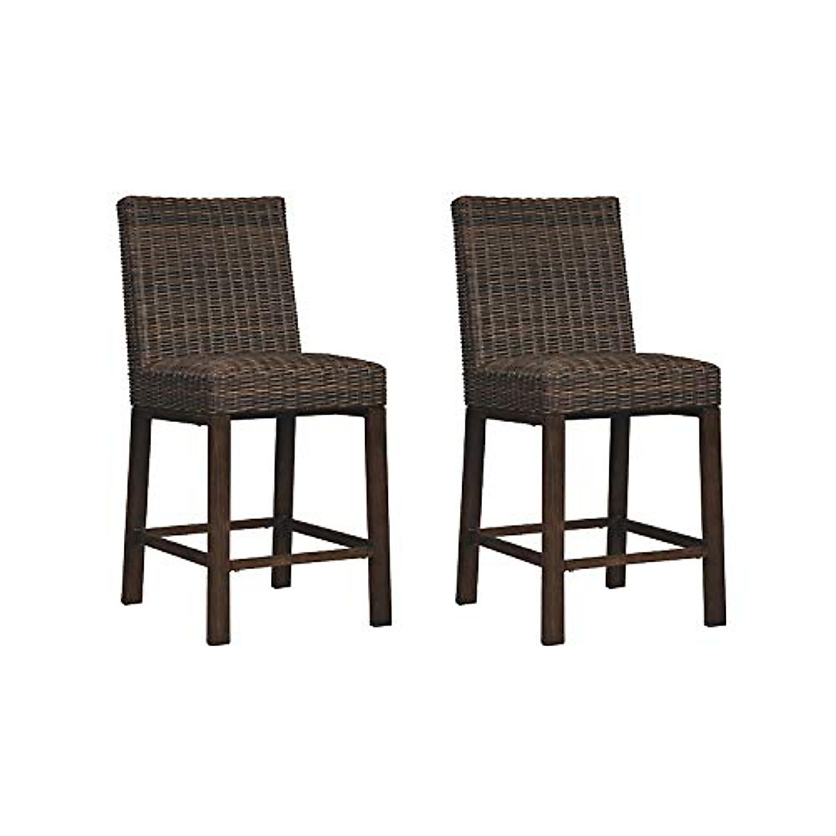 Signature Design by Ashley Paradise Trail Square Bar Table with Fire Pit, Medium Brown & Paradise Trail Outdoor 27.5" Wicker Patio Barstool, 2 Count, Brown