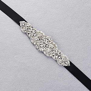 yanstar Black Sash Crystal Applique Wedding Bridal Belts In Silver With Pearls Beaded On Wedding Prom Dress-7.7In*2In