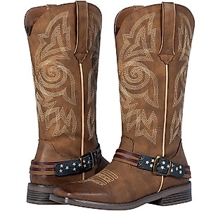 J's.o.l.e Women's Fashion Western Cowgirl Cowboy Boots Wide Square Toe Mid Calf US Size 9.5