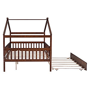 DHHU Daybed with Trundle, Full Size Wooden House Bed with Twin Size Trundle Bed, Wood Bed Frame with Roof and Safety Guardrail for Kids, Teens, Boys or Girls, No Box Spring Required