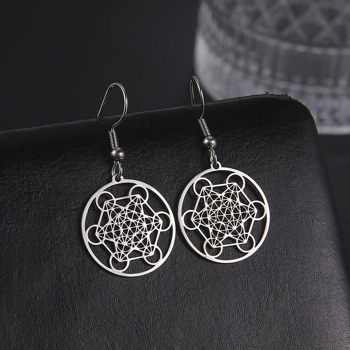 Metatron's Cube Earrings For Women Stainless Steel Sacred Geometry Flower Of Life Earrings Geometric Charm Hexagram Earrings Bohemian Style Jewelry (silver)