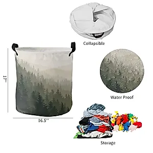 LiDU 17-inch Laundry Hamper Foldable Laundry Basket, Fog in Forest Waterproof Clothes Hamper for Bathroom Bedroom Living Room, Fogforest Army Green Toy Baskets for Dollhouse, 16.5inDx17inH