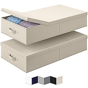NEATERIZE Storage Box, Under Bed Storage Bins With Lids, Set of 2, Long Flat Stackable Underbed Containers For Organizing Clothing, Shoes, toys, Blankets, and Linen. Garage Boxes, Large, Beige